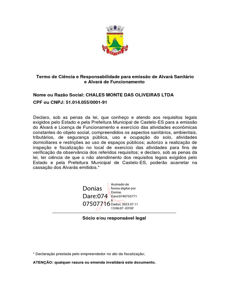 Termo de Ciência e Responsabilidade para emissão de Alvará Sanitário e Alvará de Funcionamento | PDF
