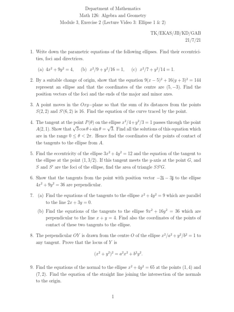 Ellipses: Equations and Properties Exercise | PDF | Ellipse | Equations