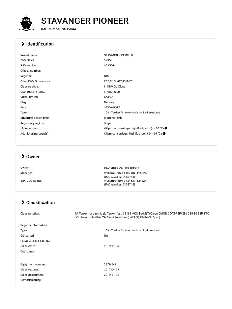 STAVANGER PIONEER - DNV GL Vessel Register | PDF