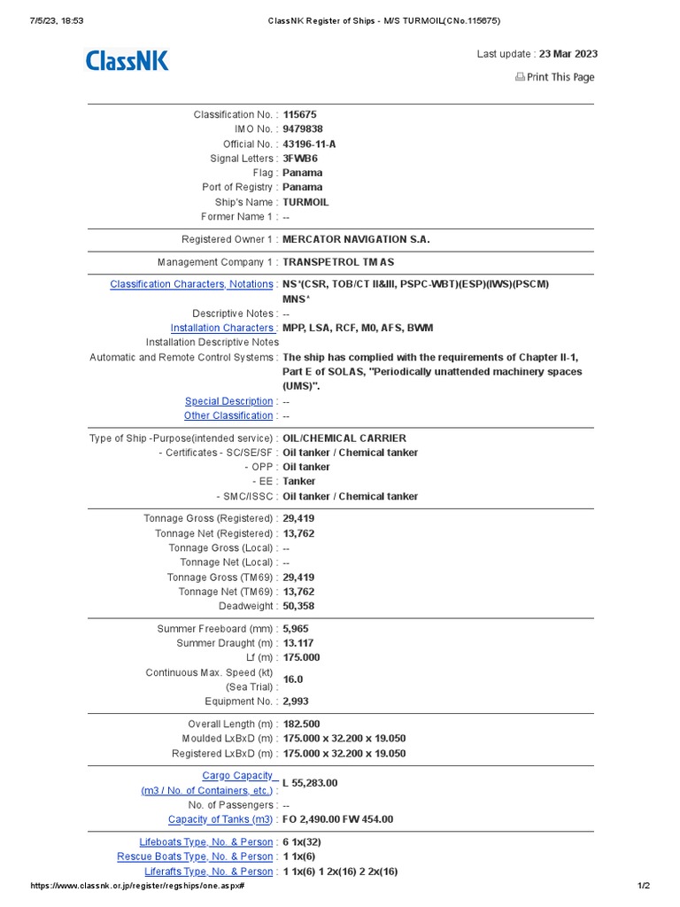 TURMOIL - ClassNK Register of Ships - Info | PDF