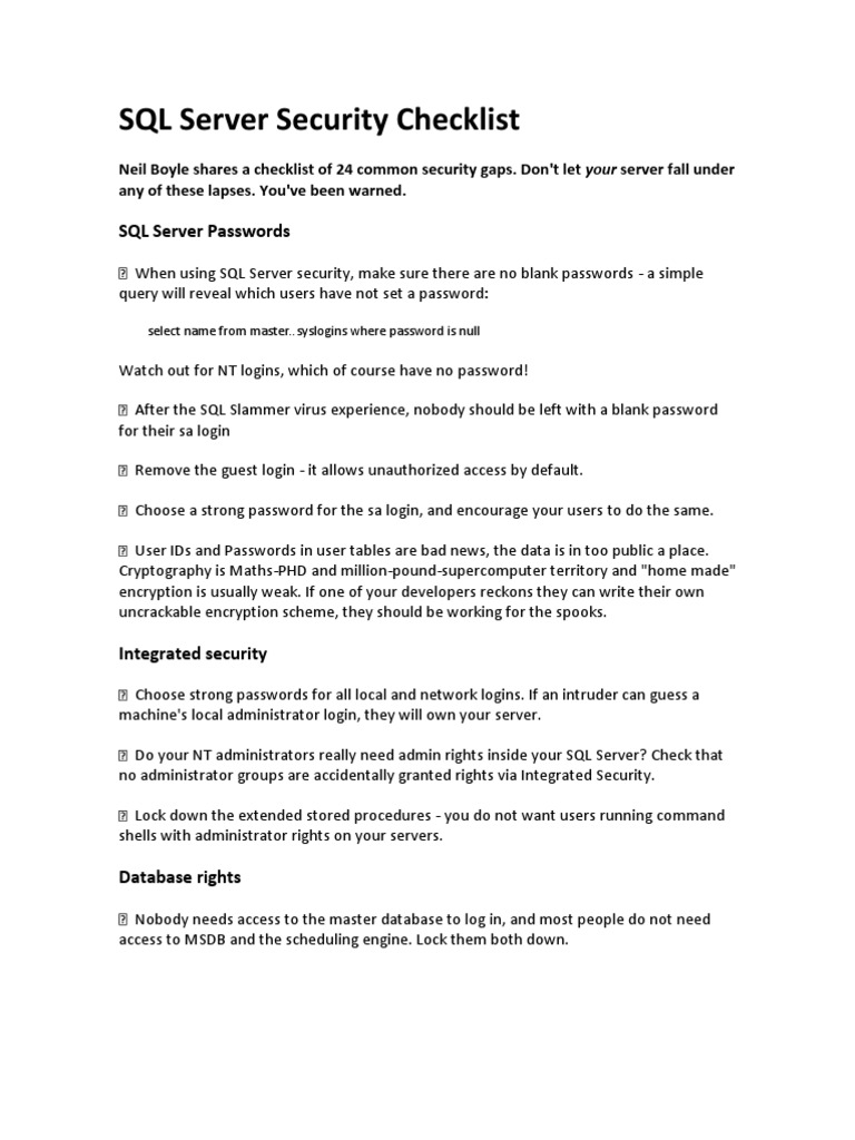 Sql Server Security Checklist Password Microsoft Sql Server