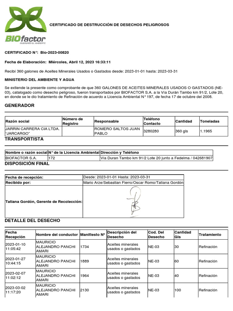 Certificado Destruccion | PDF