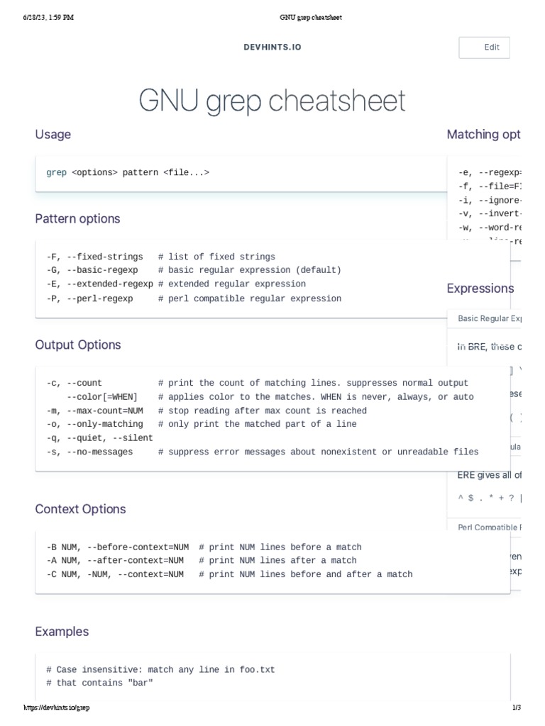 GNU Grep Cheatsheet | PDF | Regular Expression | Software Development
