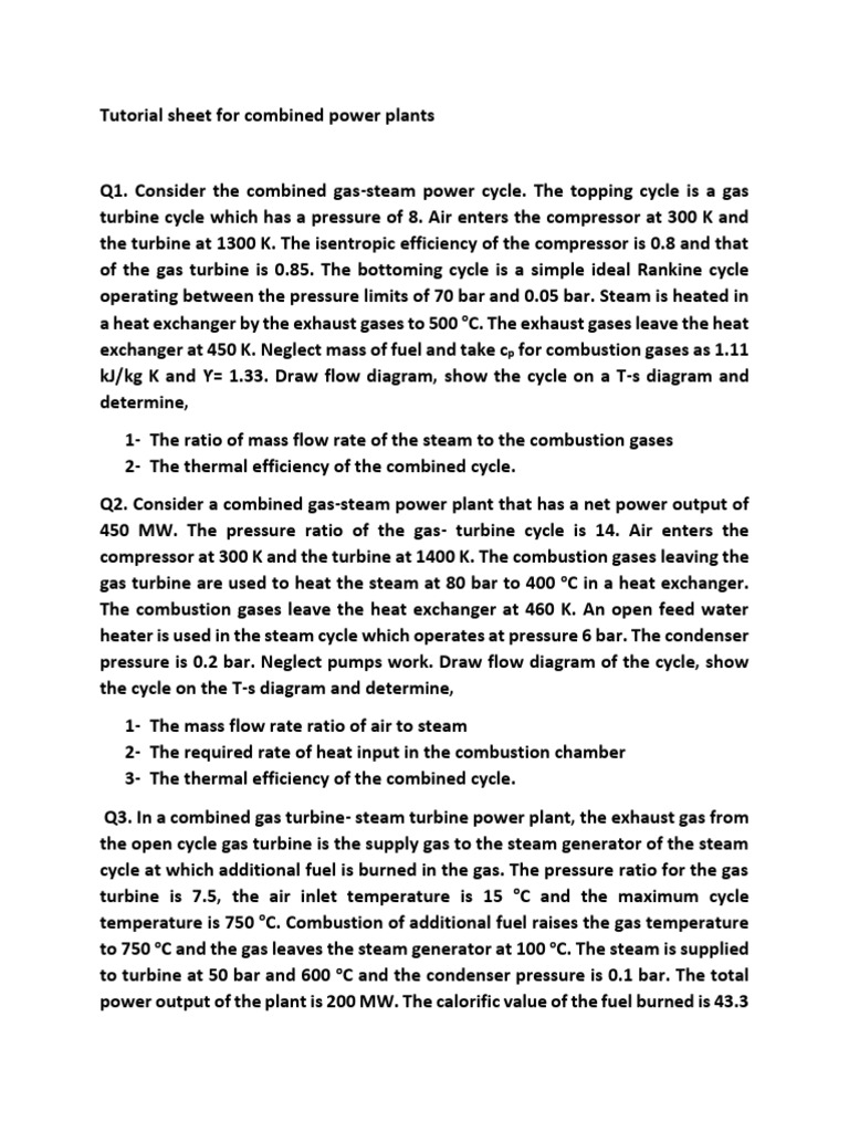 Tutorial2 Sheet For Combined Power Plants | PDF | Steam | Gas Turbine