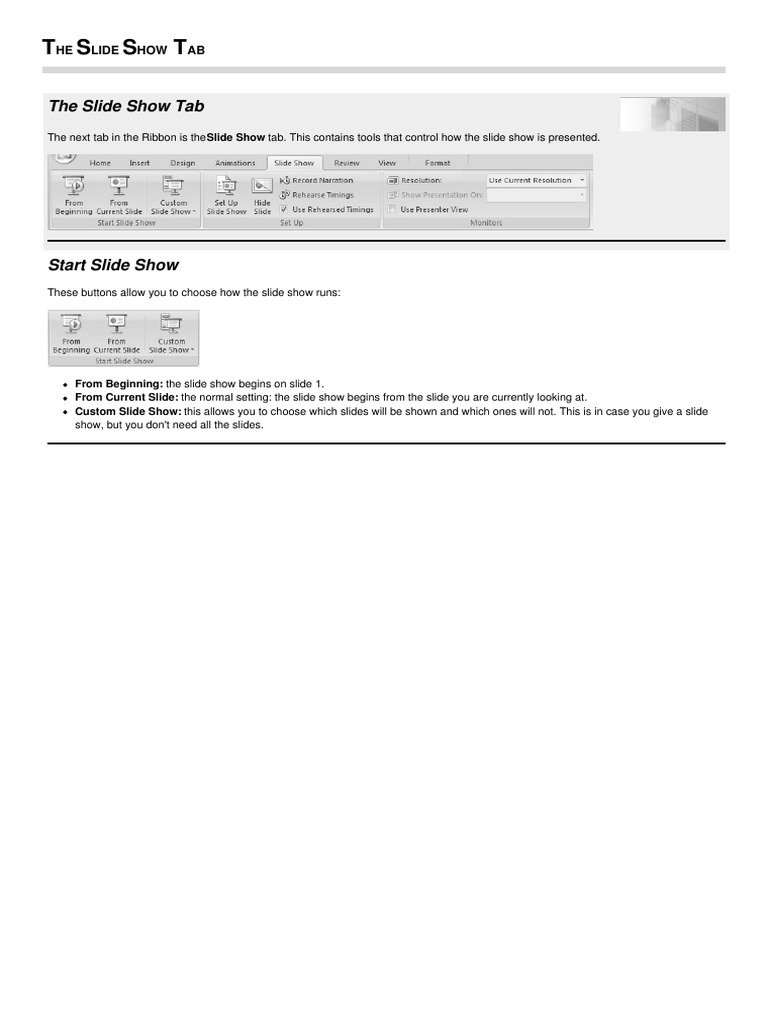Understanding the Slide Show Tab | PDF | Computers