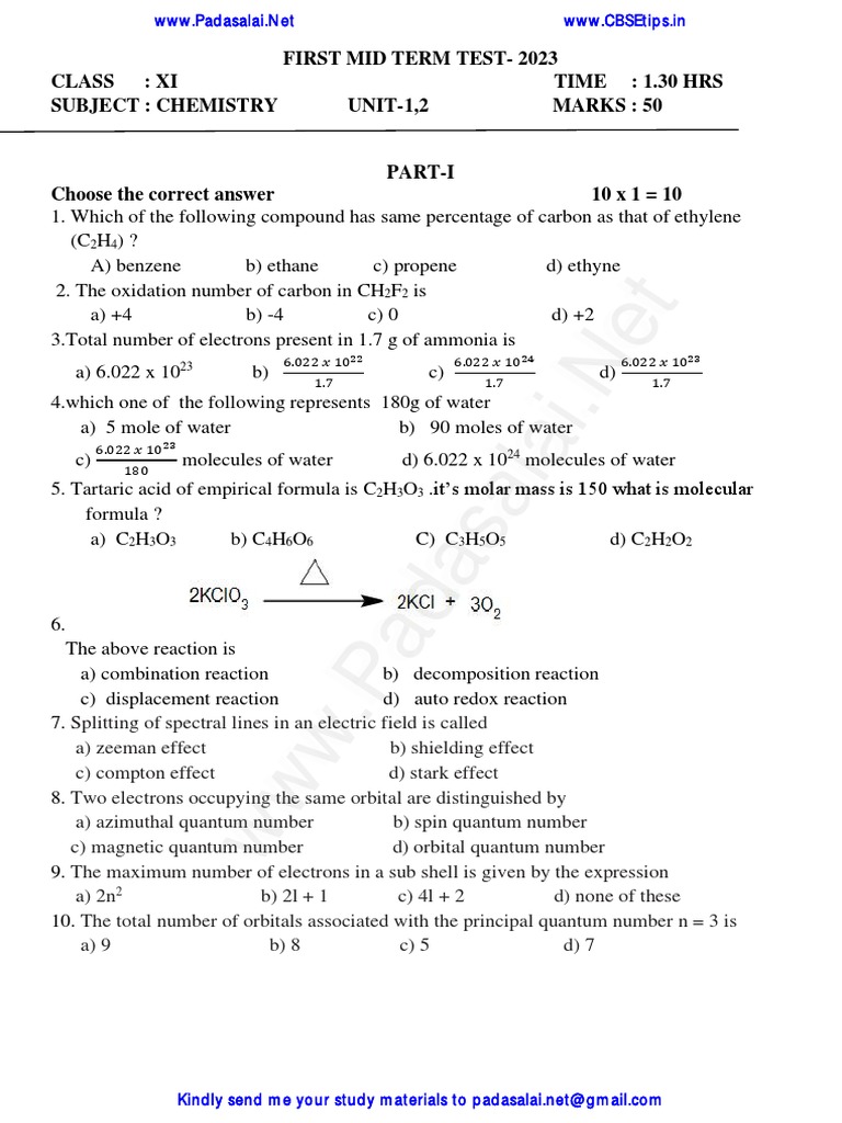 11th Chemistry EM 1st Mid Term Exam 2023 Model Question Paper English Medium PDF Download ...