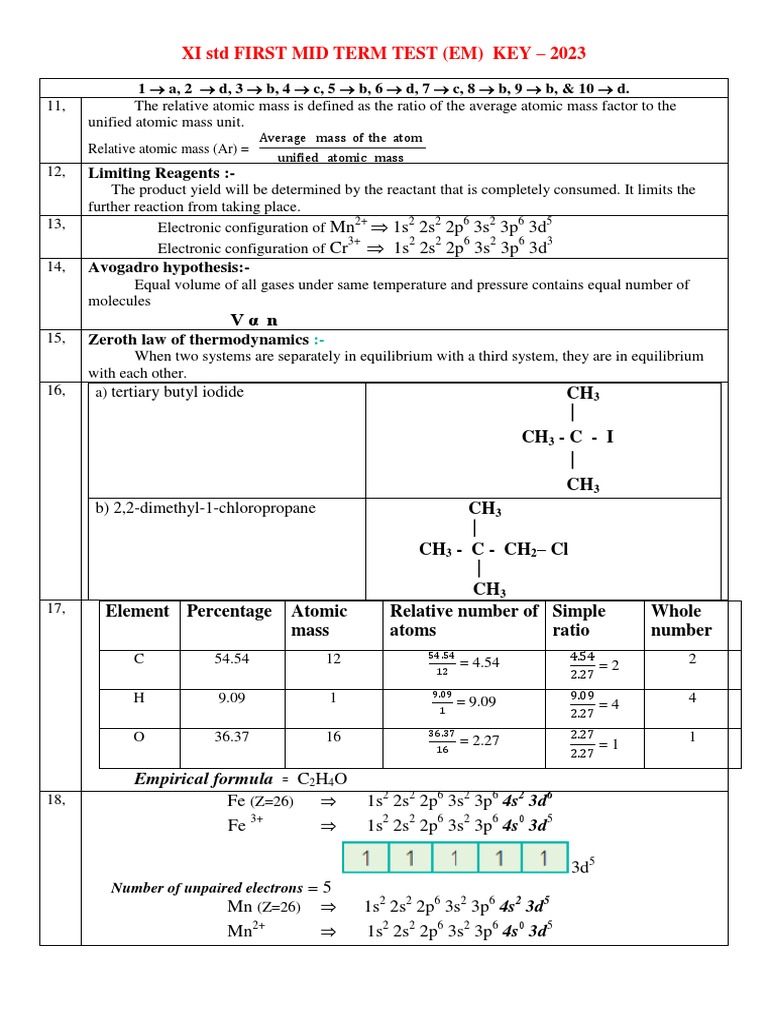 Xi STD First Mid Term Test (Em) Key - 2023 | PDF