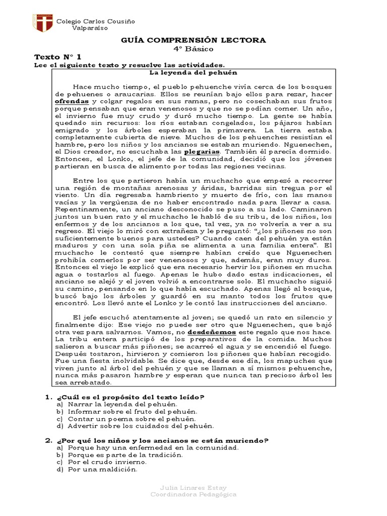 Guía Comprensión Lectora 4° Básico | PDF