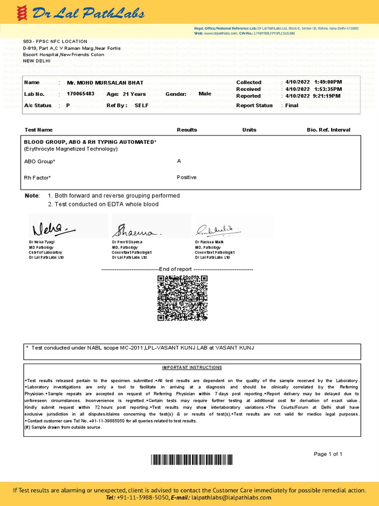 Blood Report Sample | PDF