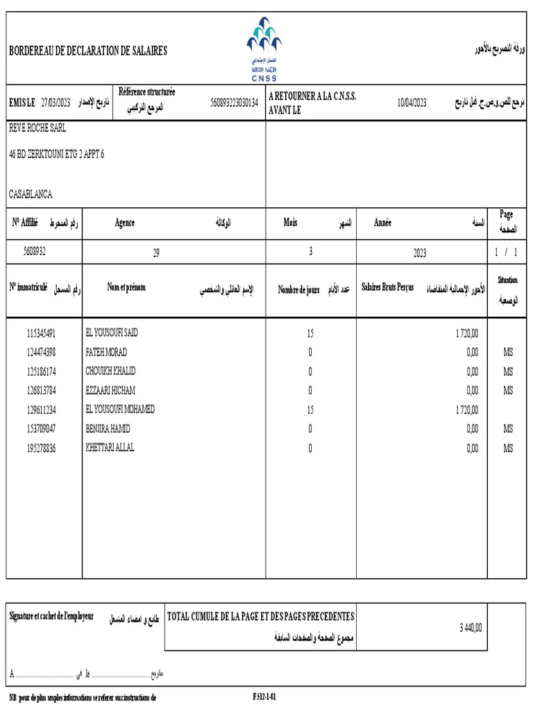 Bordereau CNSS de Déclaration Salariale | PDF