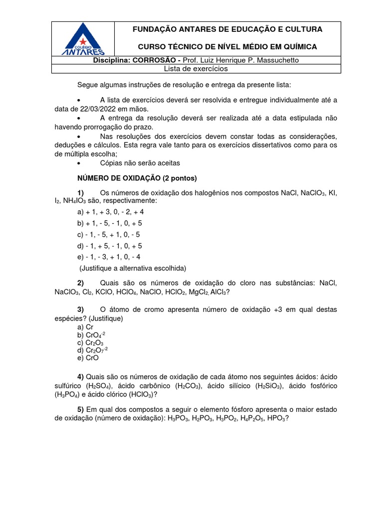 Lista 1. NOX - Oxirredução e Balanceamento - 2022 | PDF | Reações ...