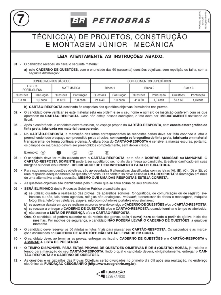 Cesgranrio 2014 Petrobras Tecnico De Projetos Construcao E Montagem