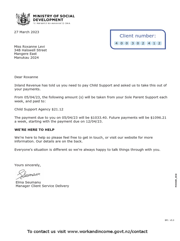Client Number:: To Contact Us Visit WWW - Workandincome.govt - Nz ...