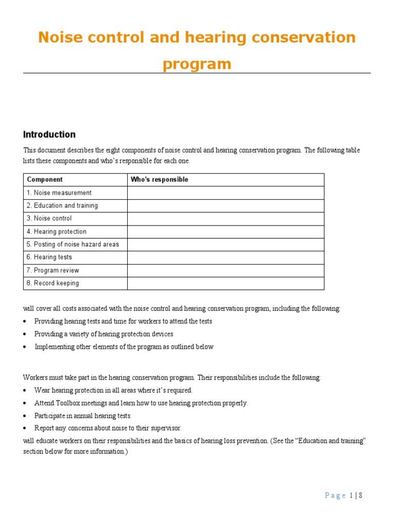 Noise Control Hearing Conservation Program Template Doc en | PDF | Business