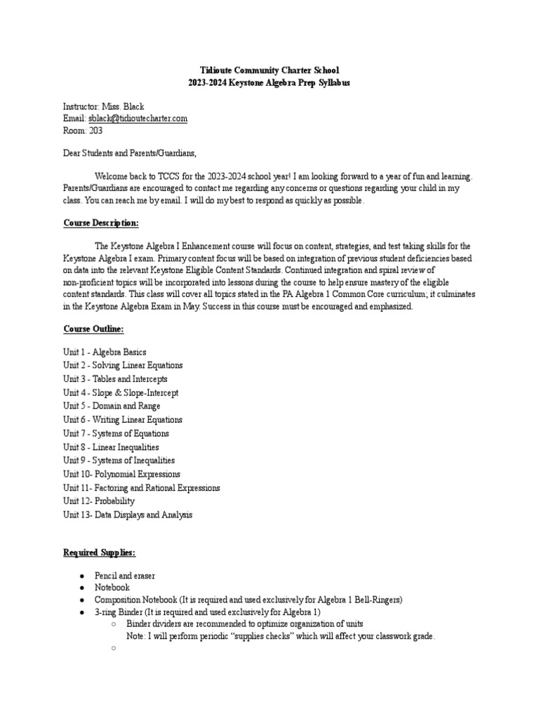 Keystone Algebra Prep Syllabus | PDF | Algebra | Equations