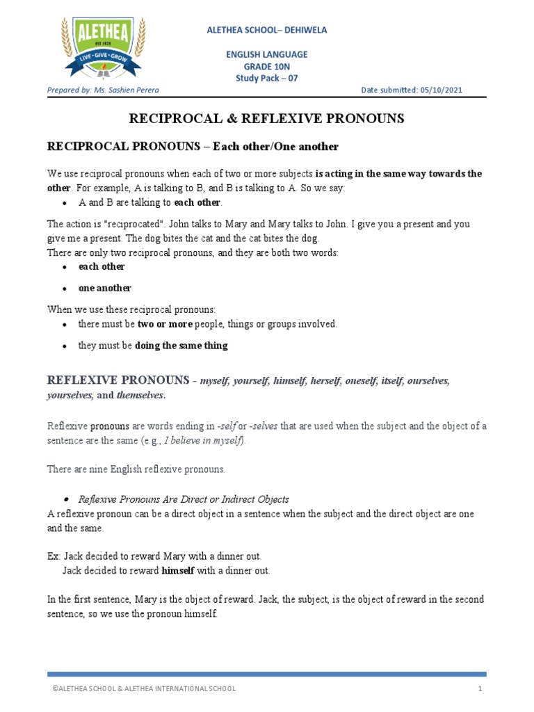 7 - 10N - Reciprocal and Reflexive Pronouns | PDF