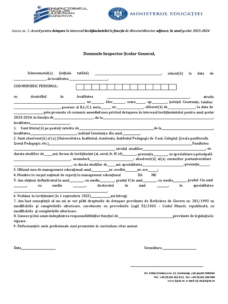 Anexa 2 Acord - Detasare - Director 2023 2024 | PDF