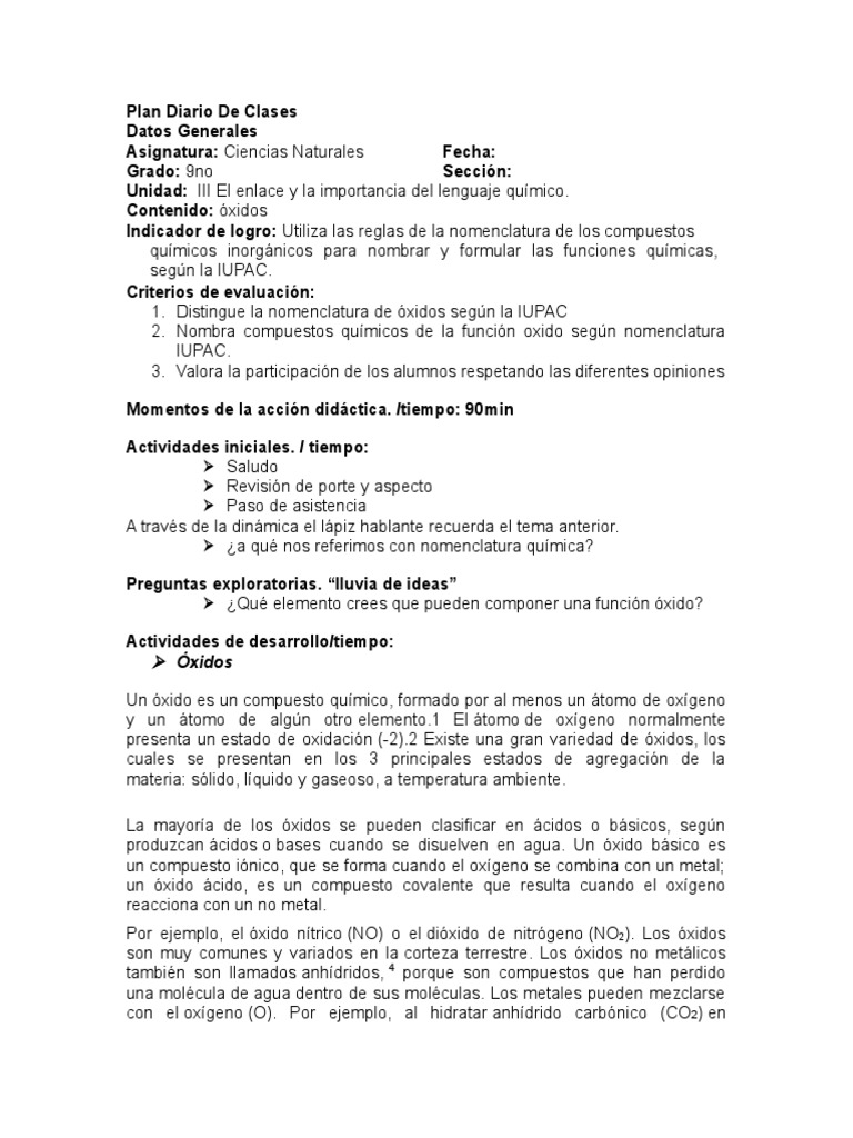 Plan Diario de Clases 9no Grado | PDF