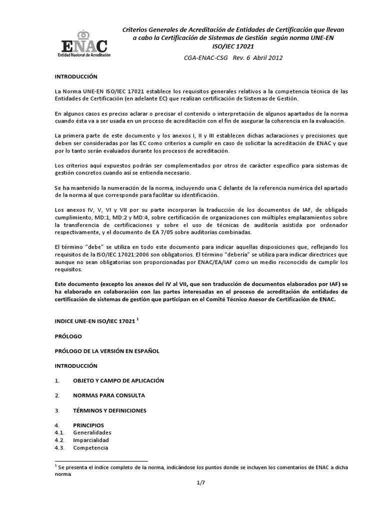 CGA-ENAC-CSG Rev. 6, Criterios Generales de Acreditación de Entidades ...