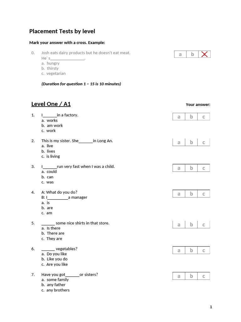 Placement Tests - Level A1 | Download Free PDF | Food And Drink