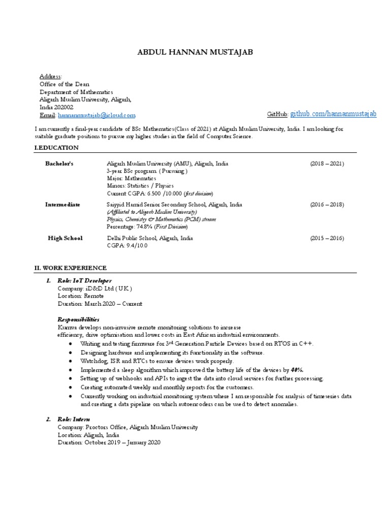 Abdul Hannan Mustajab CV 2 | PDF | Internet Of Things | Computing