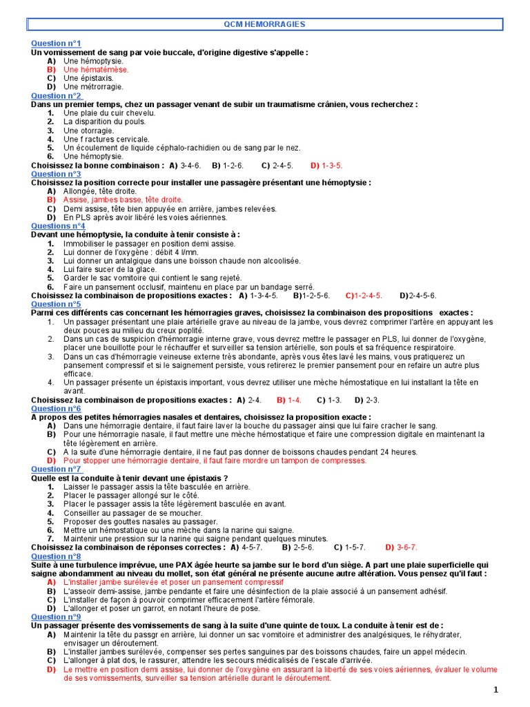 7 - QCM - HEMORRAGIES (1) Reponse Correcte | PDF | Études des langues ...