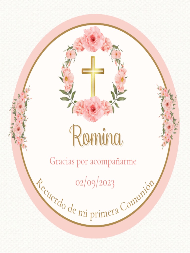 Sticker Circular Recuerdo de Mi Primera Comunión Floral Rosa y Marrón | PDF
