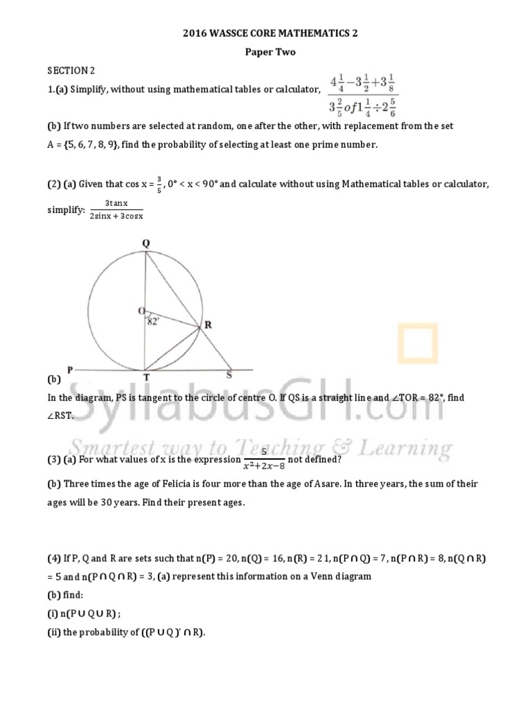 2016 Wassce Core Mathematics 2 | PDF