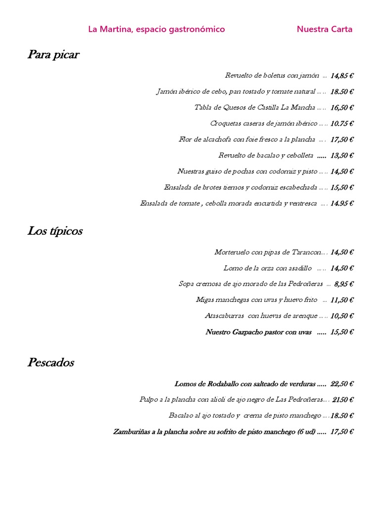 Carta Comida Bebida y Take Away | PDF