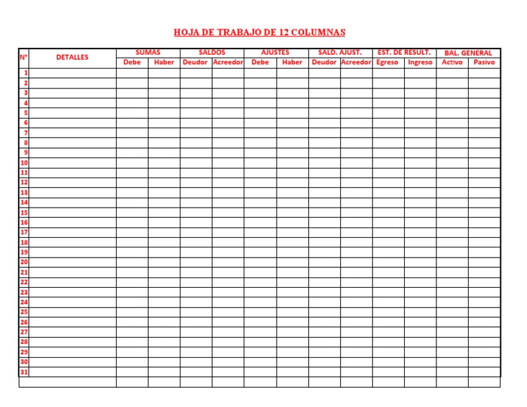 Hoja de Trabajo de 12 Columnas Tamaño Carta (Excel) | PDF