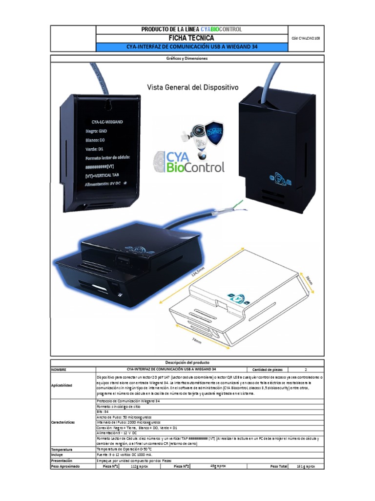 Interfaz USB Wiegand Ficha Tecnica | PDF