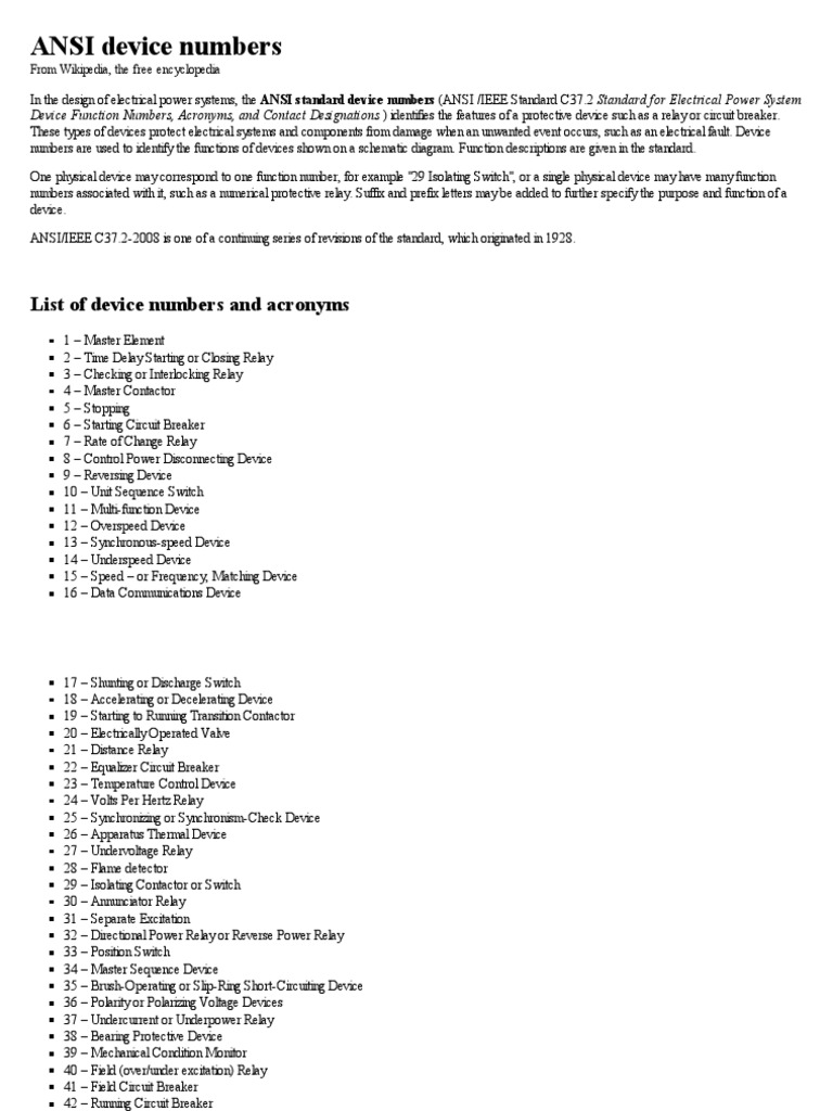 ANSI Device Numbers | PDF