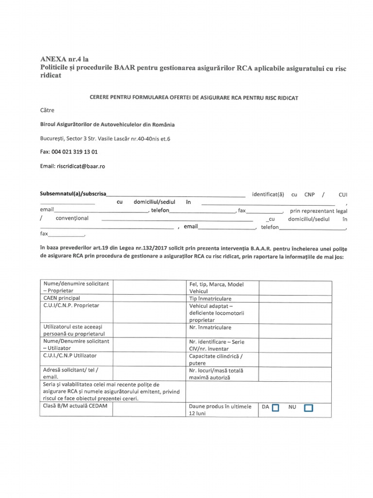 Formular de Cerere Oferta Asigurati Cu Risc Ridicat | PDF
