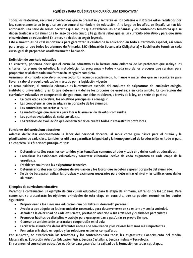 Definición y Funciones del Currículum Educativo | PDF | Plan de ...