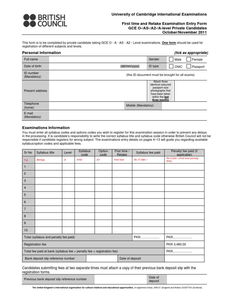 Pakistan Exams Cie o A Level Form Oct 11 | PDF | Identity Document ...