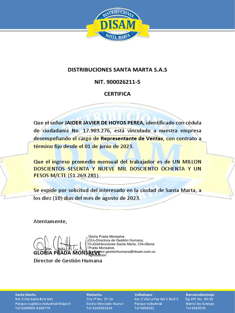 Certificación Laboral Jaider De Hoyos | PDF