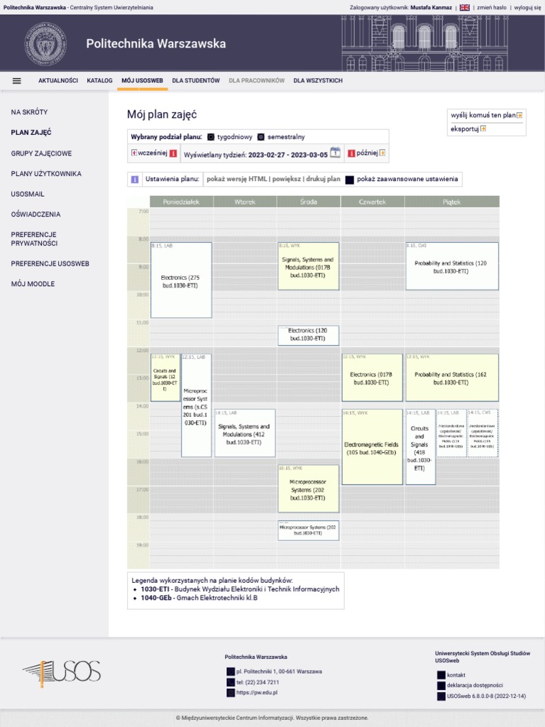 Plan Zajęć - Mój Usosweb - Usosweb PW | PDF