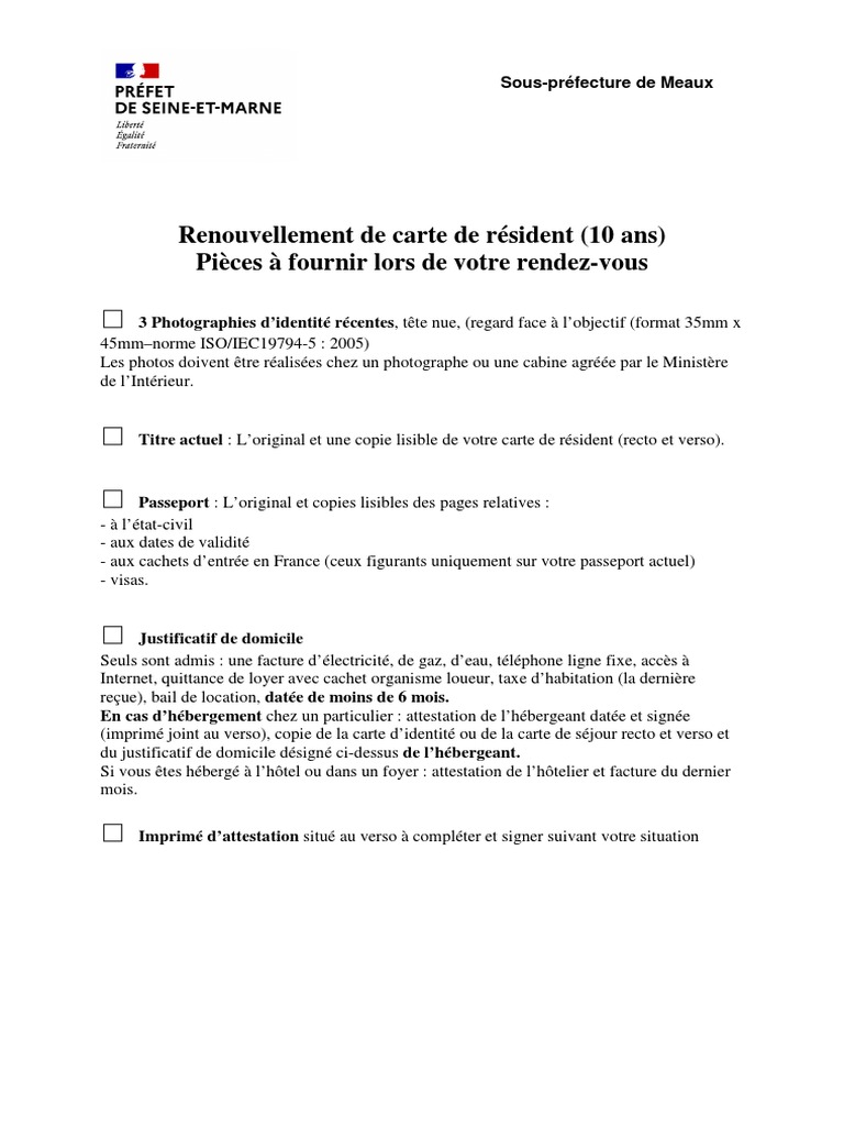 LISTE Renouvellement de Votre Carte de Résident | PDF