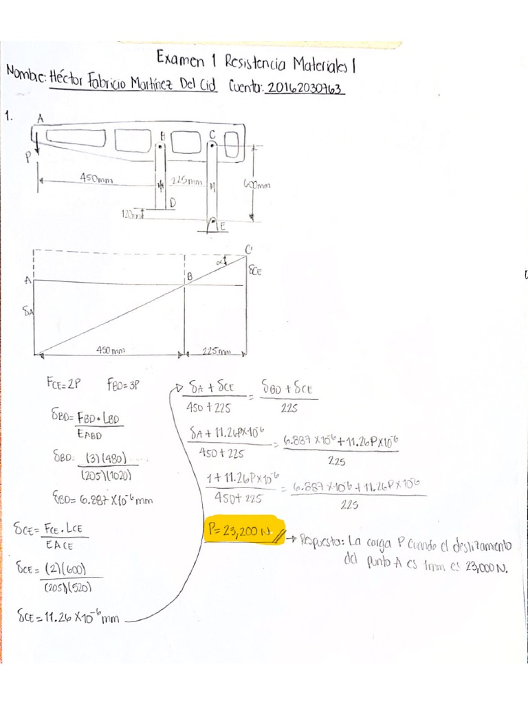 Examen #1 Mecanica de Materiales 1 | PDF