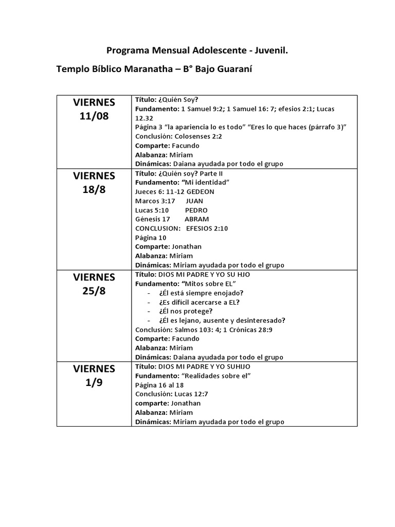 Programa Mensual Adolescente - Juvenil | PDF