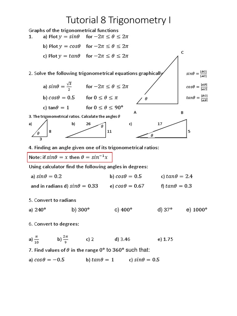 Tutorial 8 Trigonometry I 2017 | PDF