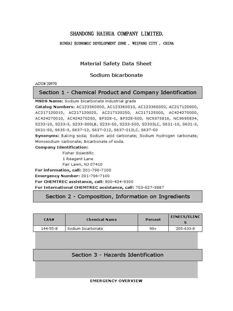 Bic Sodio Shandong MSDS | Download Free PDF | Sodium Bicarbonate ...