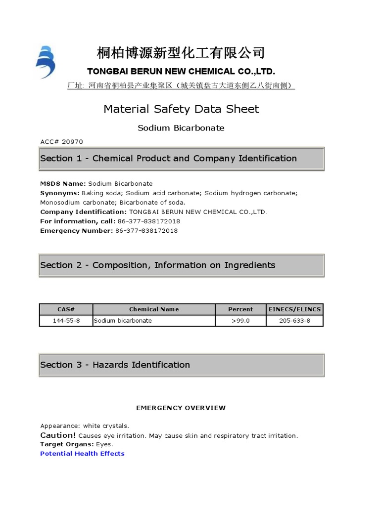 Sodium Bicarbonate MSDS Overview | PDF | Sodium Bicarbonate | Personal ...