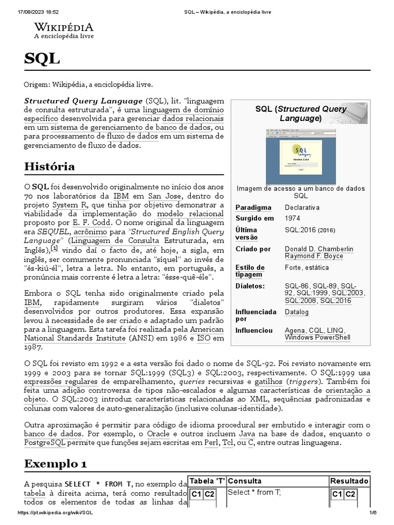 SQL - Wikipédia, A Enciclopédia Livre | PDF