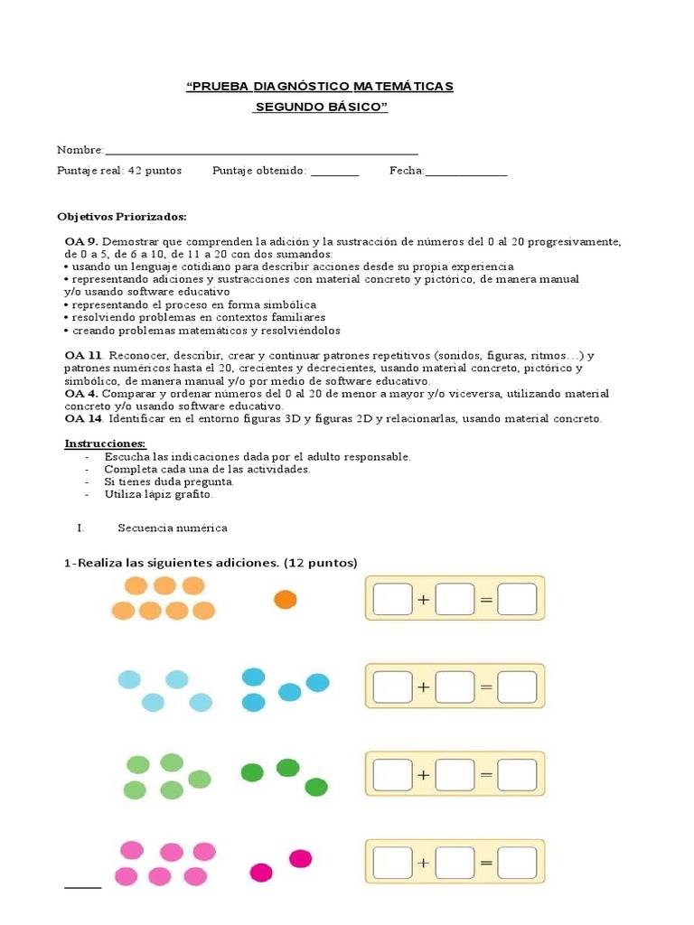 Prueba Diagnóstica Matemáticas 2° Básico | PDF | Matemáticas