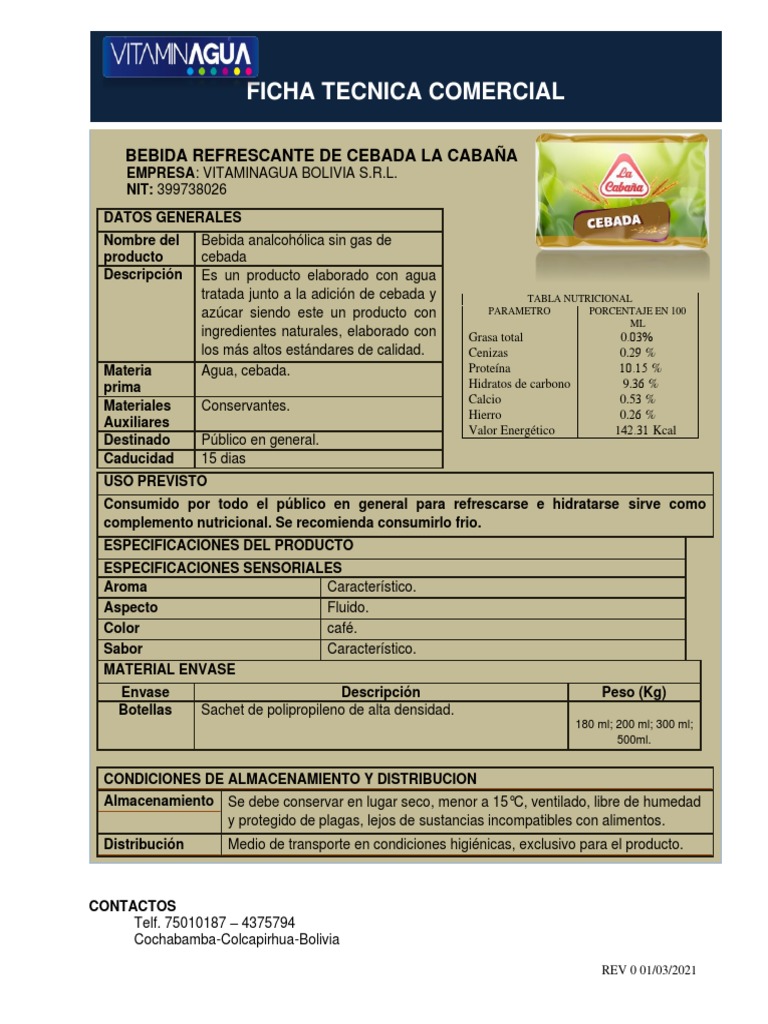 Ficha Tecnica Bebida de Cebada | PDF | Bebida | Agua