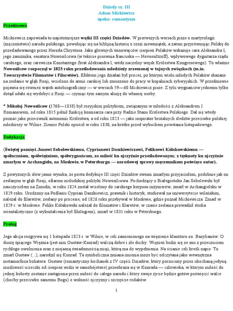 Dziady Cz. III Notatka Z Gr. | PDF