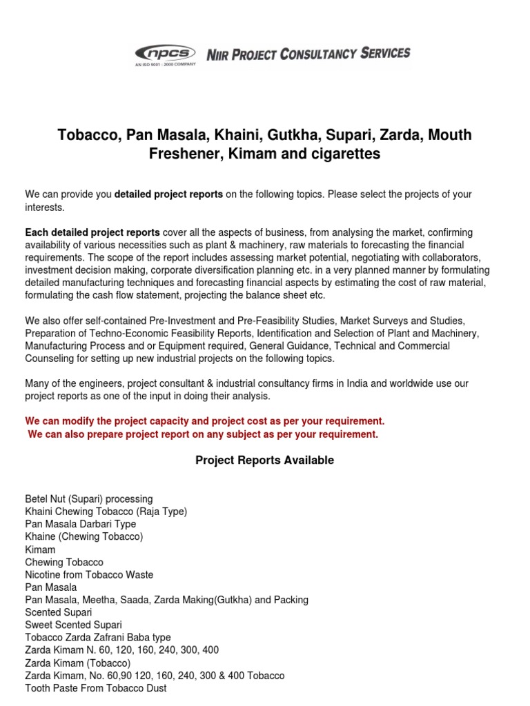 Niir Project Tobacco Pan Masala Khaini Gutkha Supari Zarda Mouth ...