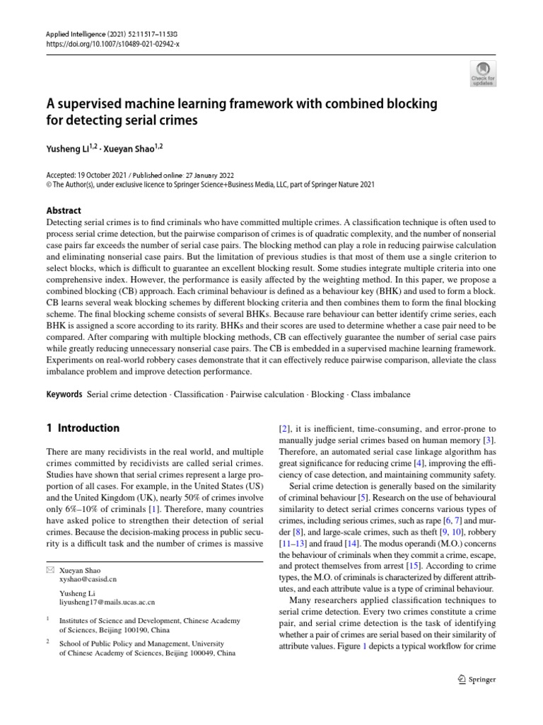 A Supervised Machine Learning Framework With Combined Blocking For Detecting Serial Crimes Pdf
