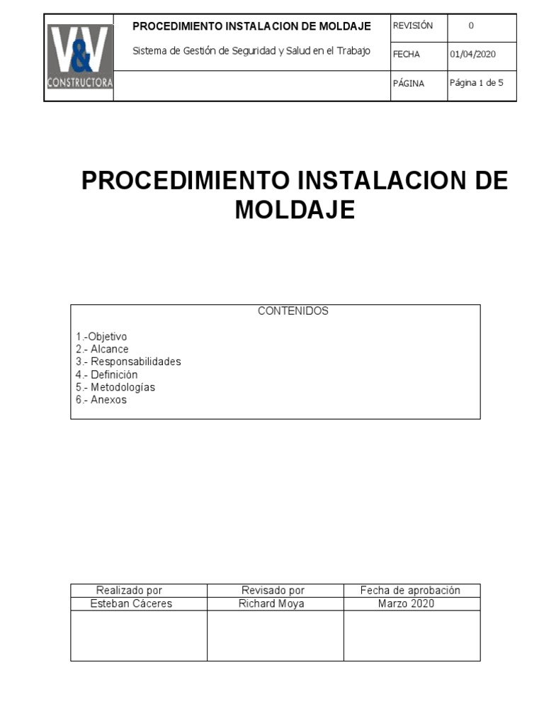 Procedimiento de Instalación de Moldaje | PDF | Ciencia y matemáticas